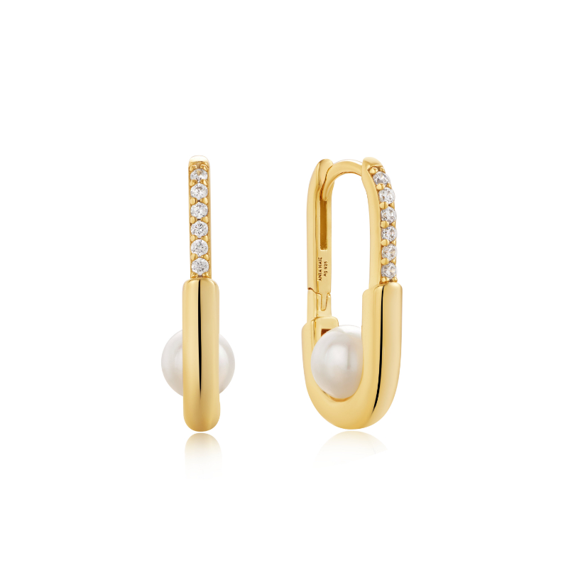 Gold Pearl Interlock Oval Hoop Earrings - E054-04G